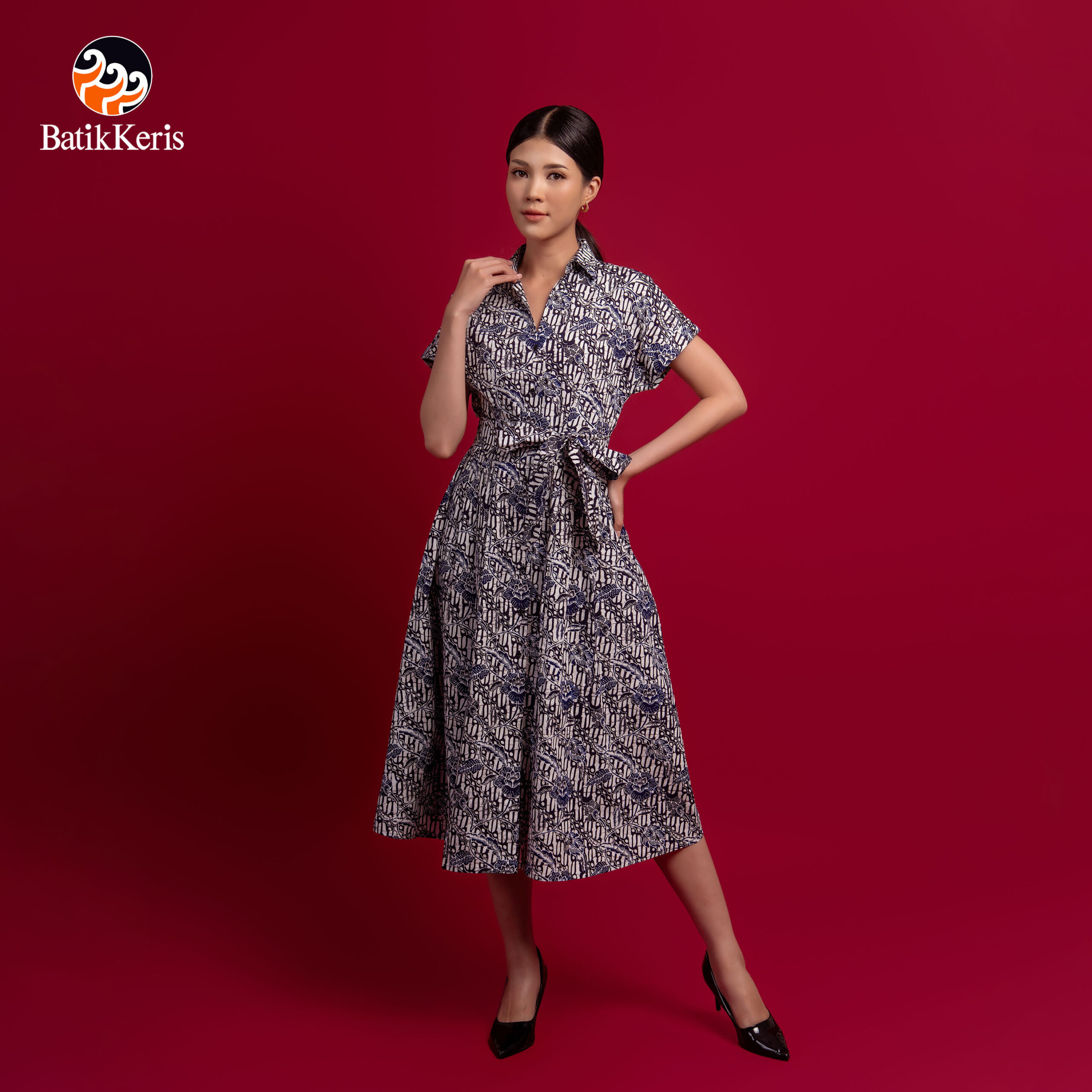 Dress Midi Batik Lengan Setali Motif Parang Buket - Batik Keris Online